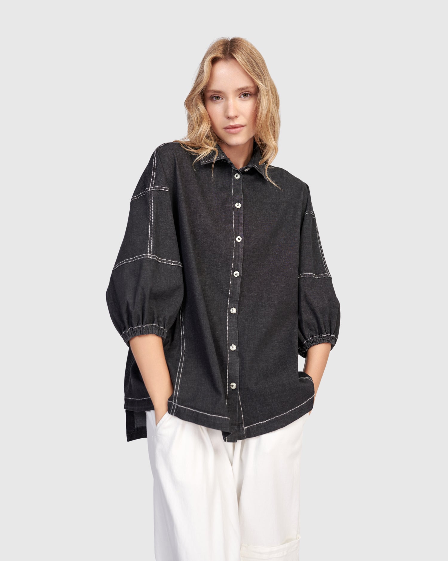 Pippa Puff Blouse, Black Denim – Alembika U.S.